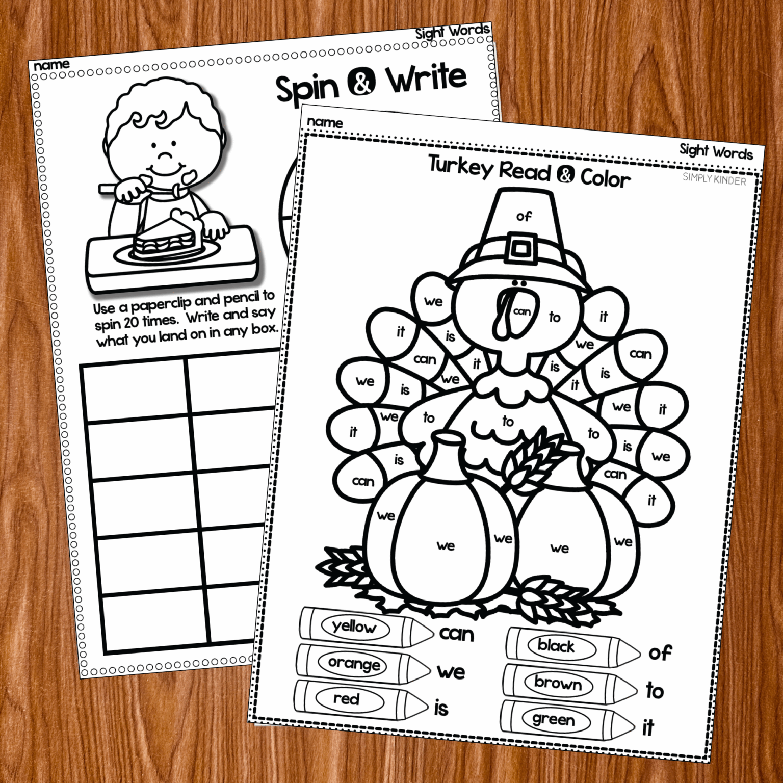 Thanksgiving No Prep Sight Word Printables - Simply Kinder + Printable ...