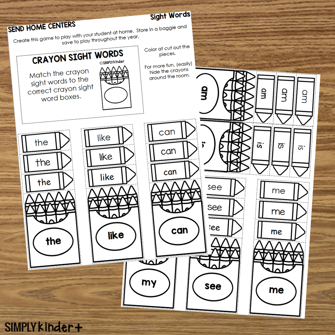 Crayon Sight Word Send Home Center - Simply Kinder + Printable Membership