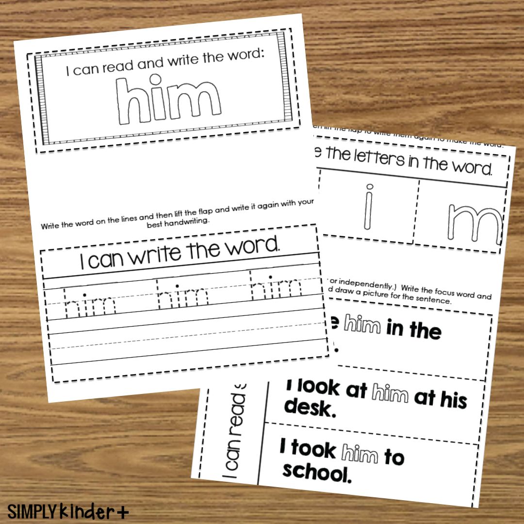 Him Sight Word Interactive Notebooks - Fry, Dolch - Simply Kinder Plus
