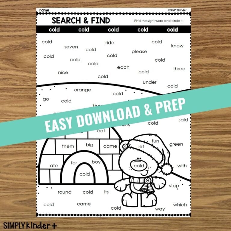Cold Sight Word Search And Find - Fry, Dolch PrePrimer - Simply Kinder ...