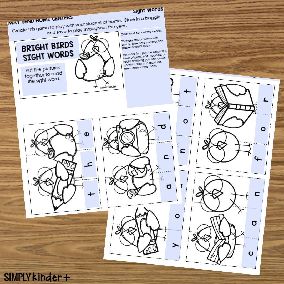Bright Birds Sight Word Send Home Center - Simply Kinder + Printable ...