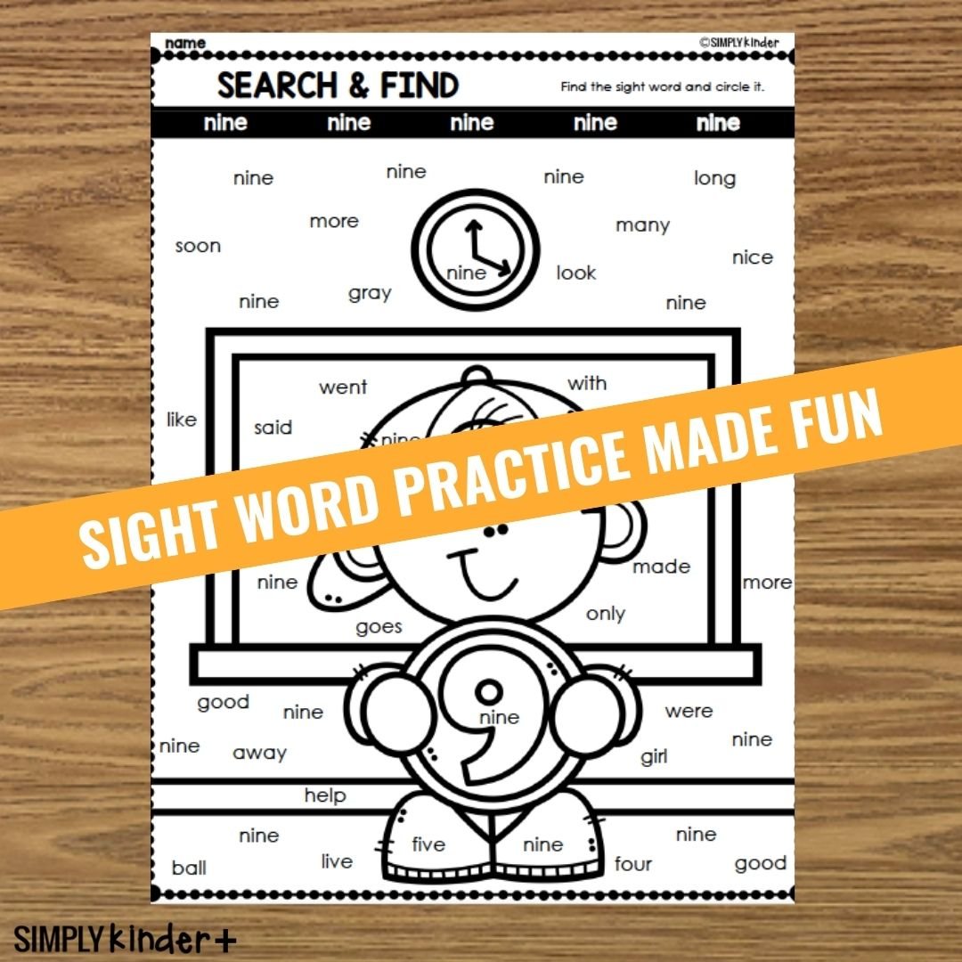Nine Sight Word Search And Find - Fry, Dolch PrePrimer - Simply Kinder Plus