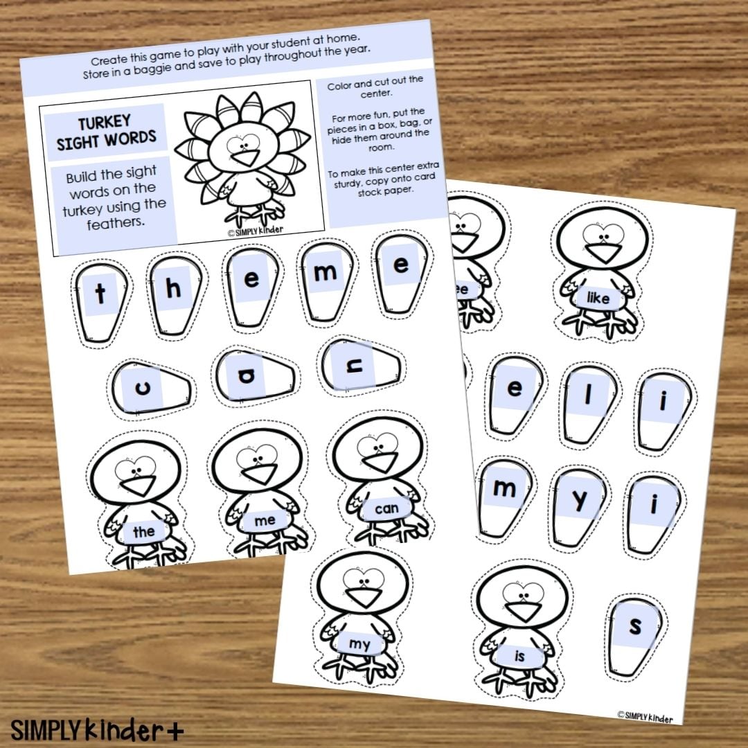 Turkey Sight Word Send Home Center - Simply Kinder + Printable Membership