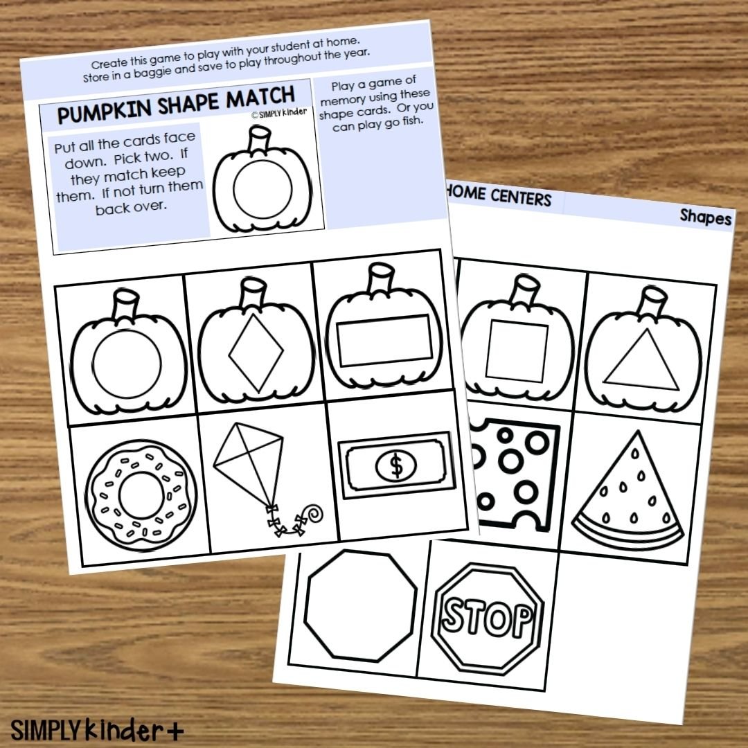 Pumpkin Shape Match Send Home Center - Simply Kinder + Printable Membership