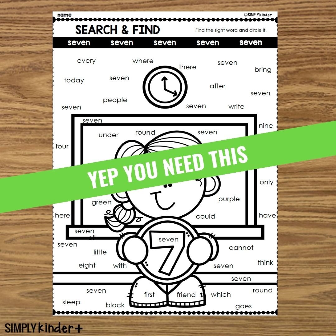 Seven Sight Word Search And Find - Fry, Dolch PrePrimer - Simply Kinder ...