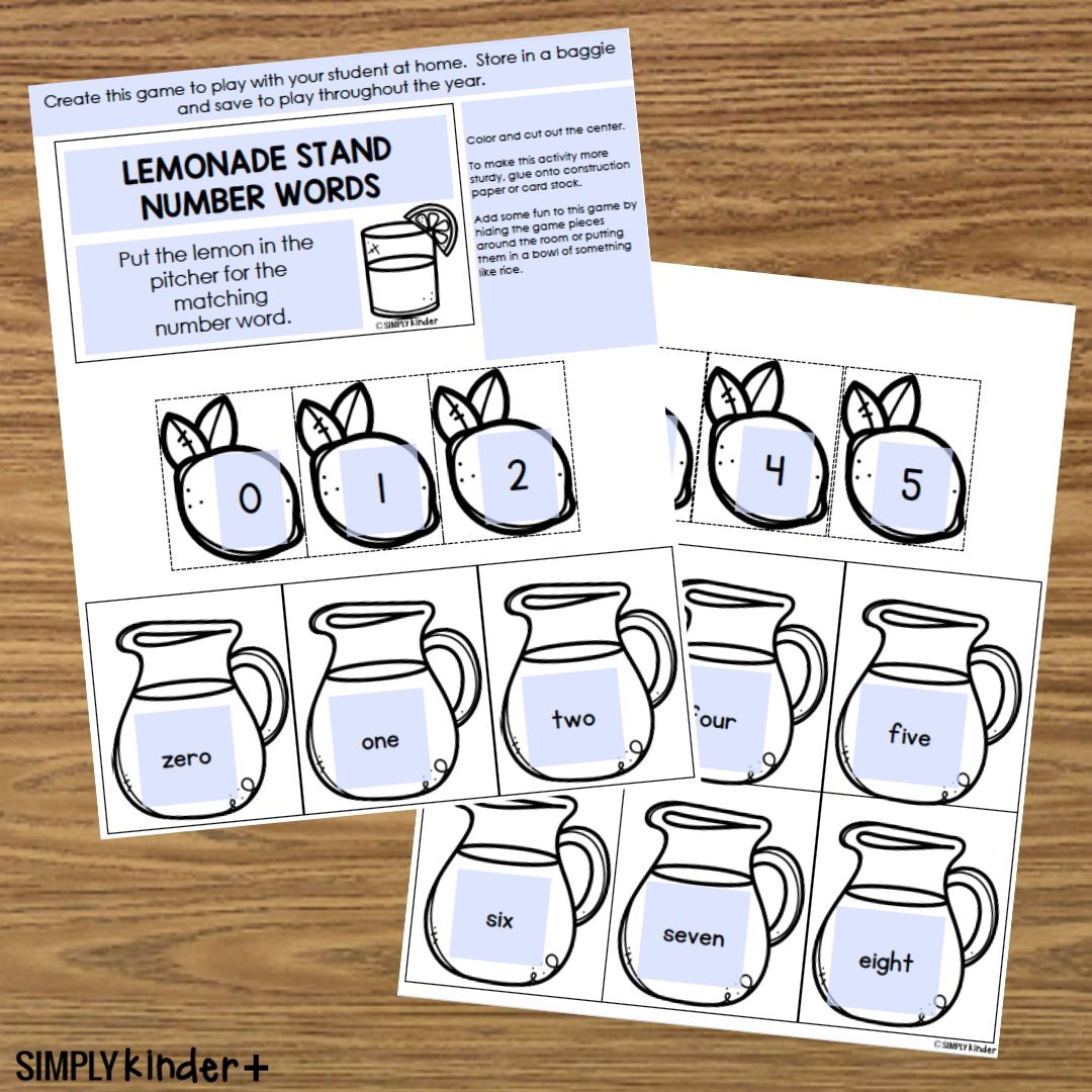 Lemonade Stand Number Words Send Home Center - Simply Kinder ...