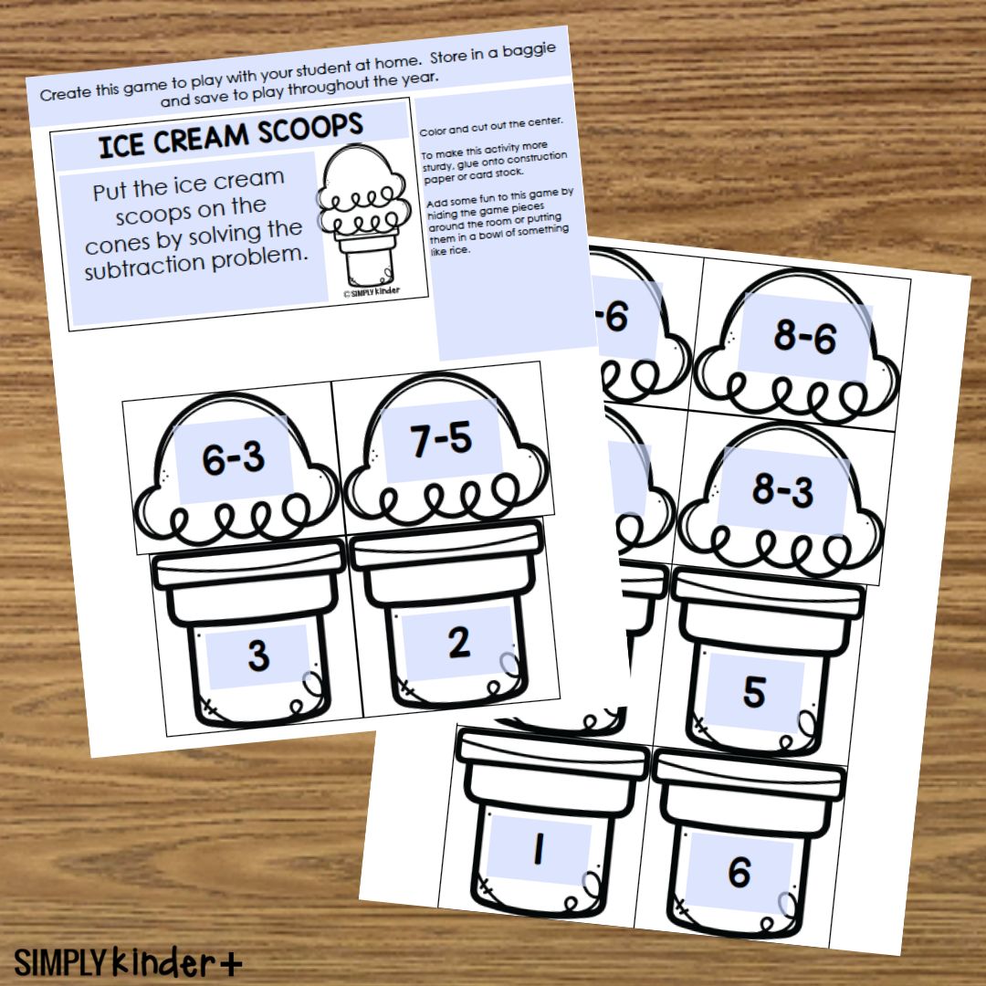 Ice Cream Subtraction Send Home Center - Simply Kinder + Printable ...
