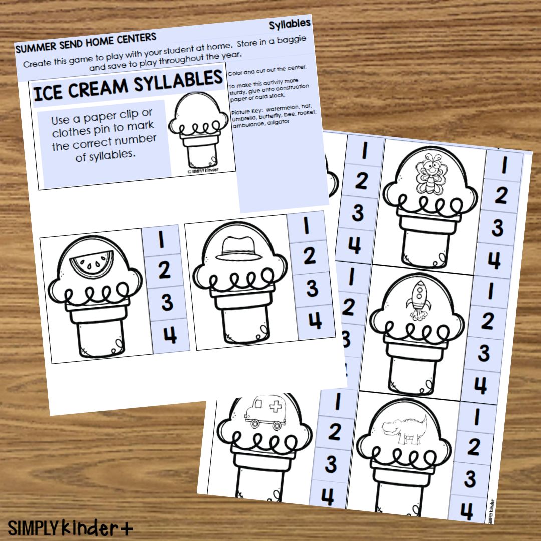 Ice Cream Syllable Send Home Center - Simply Kinder + Printable Membership