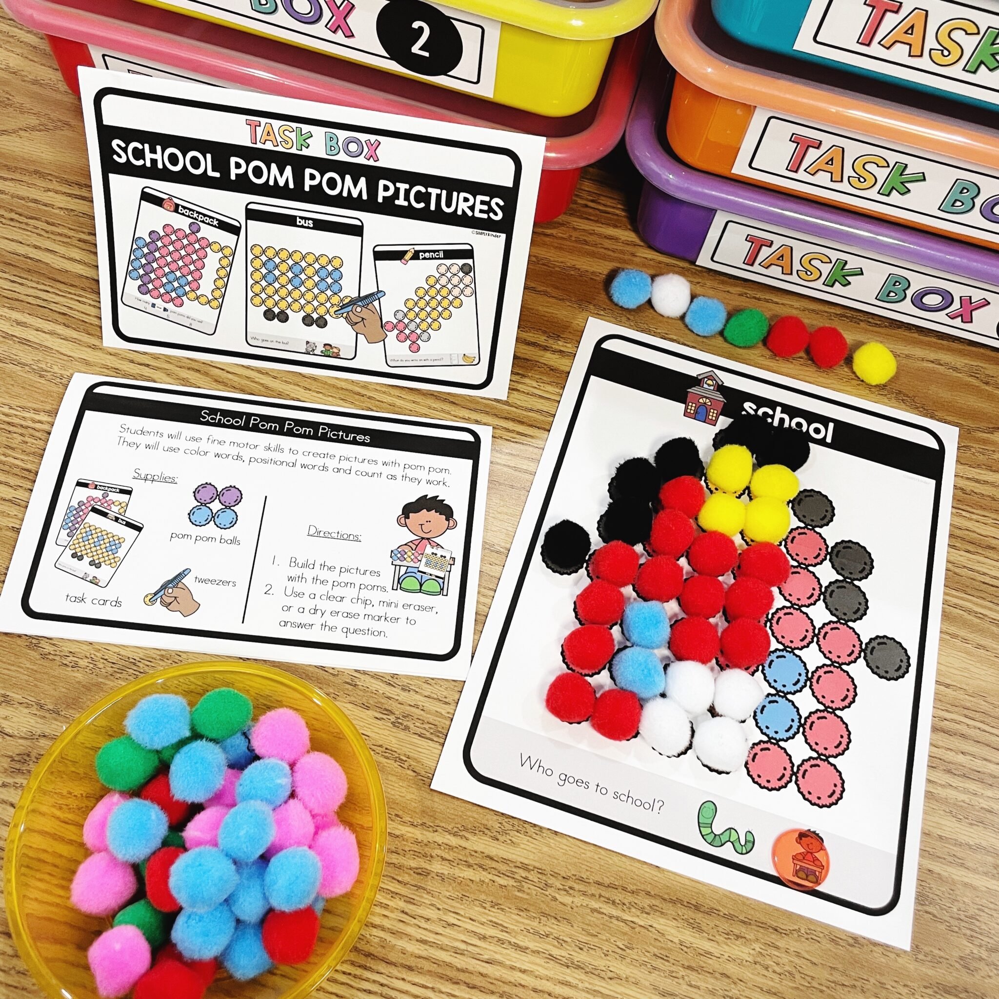 Back To School Pom Pom Pictures Morning Bins or Task Boxes - Simply ...