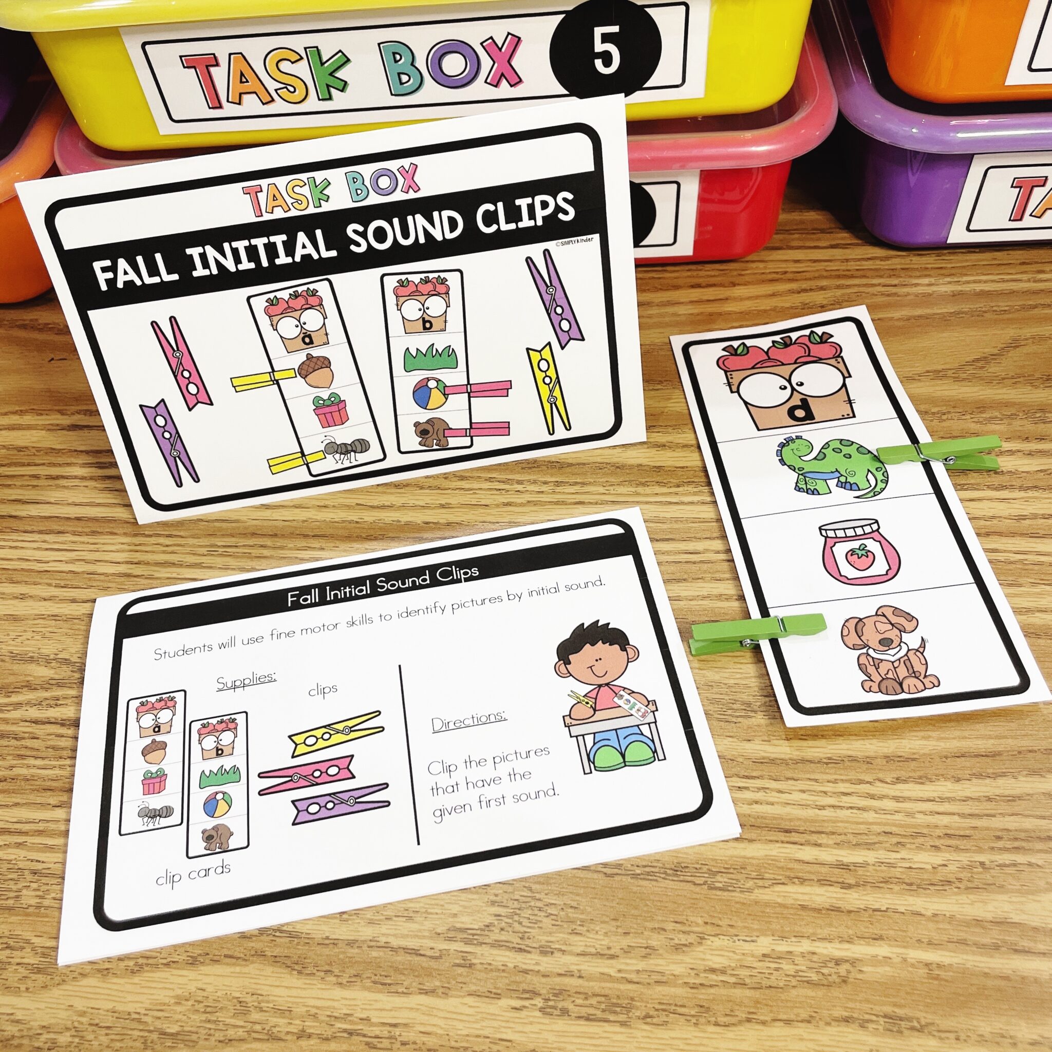 Fall Initial Sounds Clip Cards Task Boxes - Simply Kinder + Printable ...