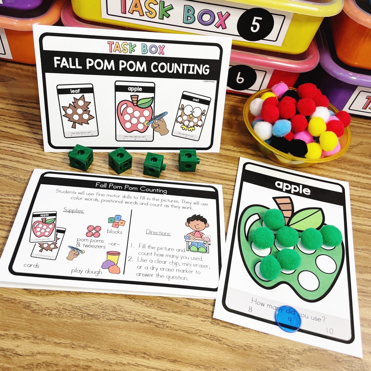 Fall Pom Pom Counting Task Boxes - Simply Kinder + Printable Membership