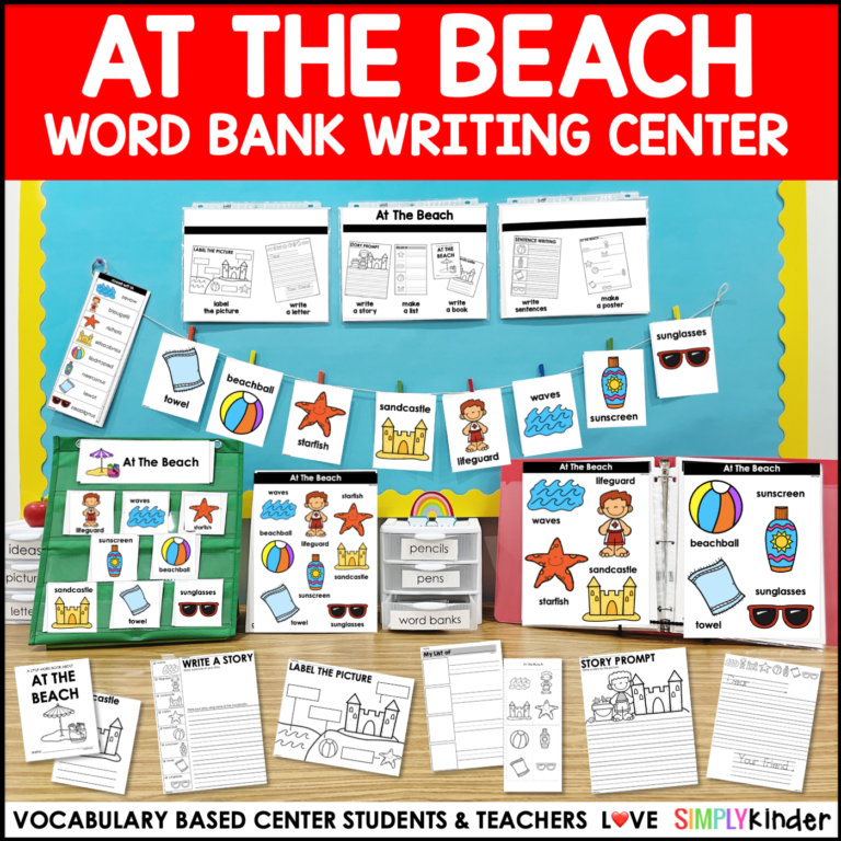 At The Beach Word Bank Writing Center - Simply Kinder Plus