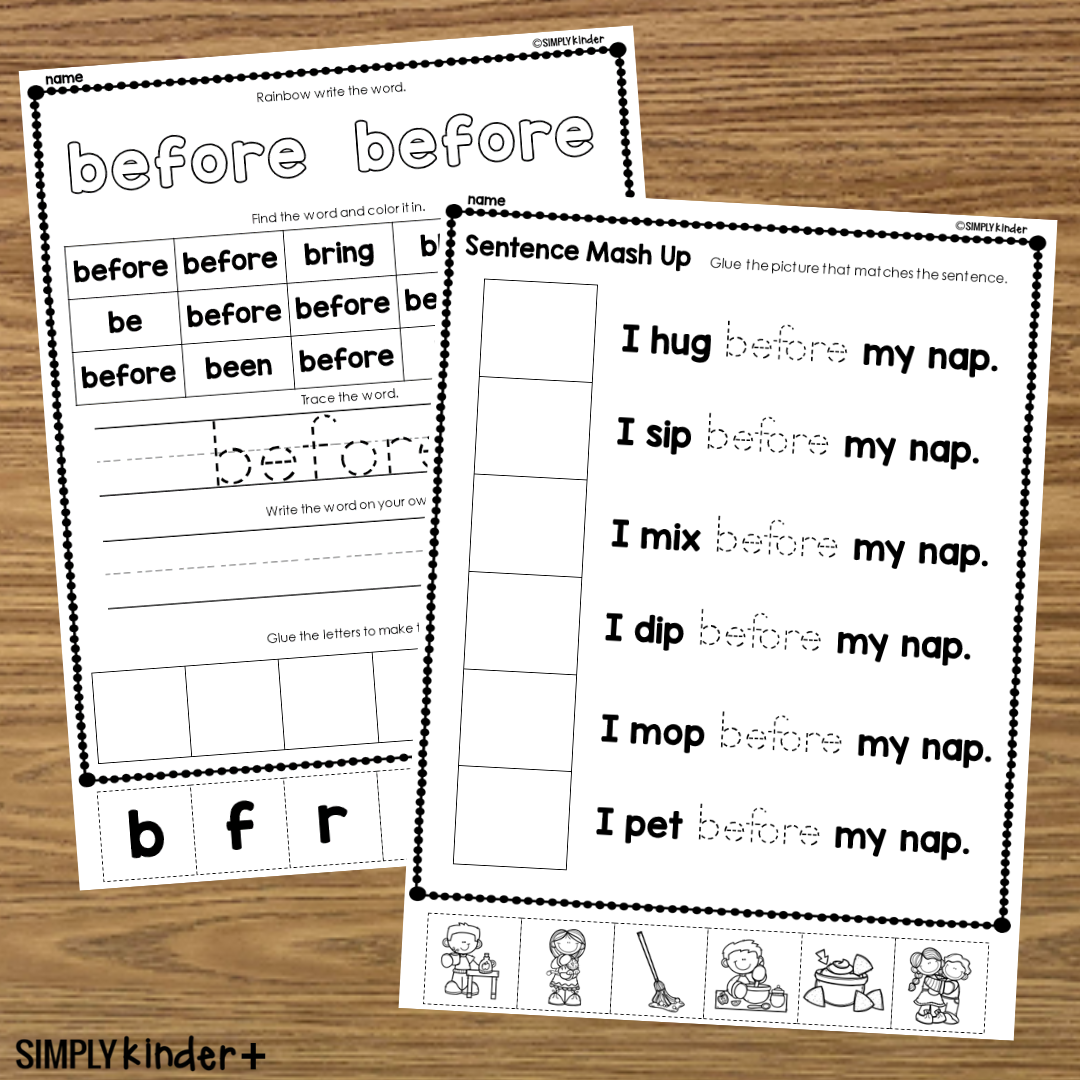 Before - Sight Word Cut & Glue Activities - Simply Kinder + Printable ...