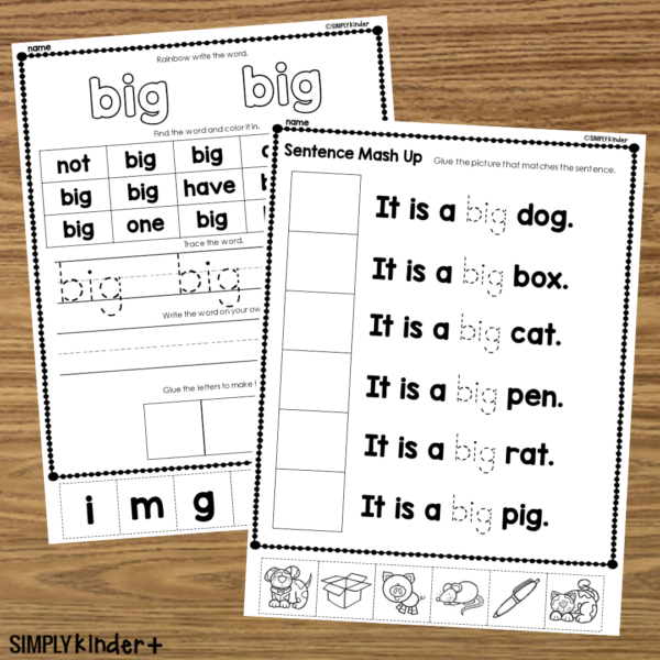 Big - Sight Word Cut & Glue Activities - Simply Kinder + Printable ...