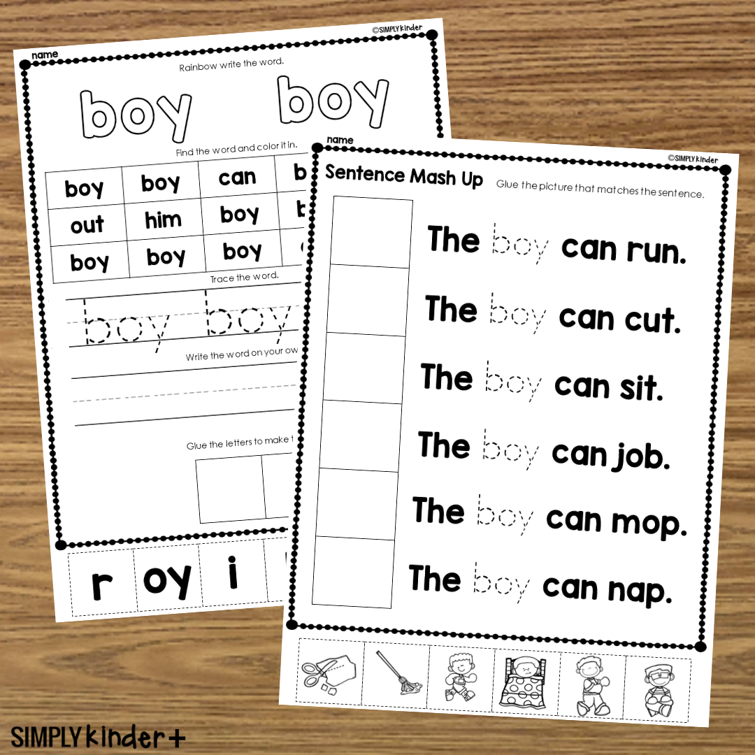 Boy - Sight Word Cut & Glue Activities - Simply Kinder + Printable ...