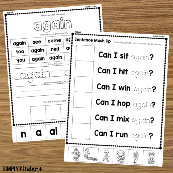 Again - Sight Word Cut & Glue Activities - Simply Kinder + Printable ...