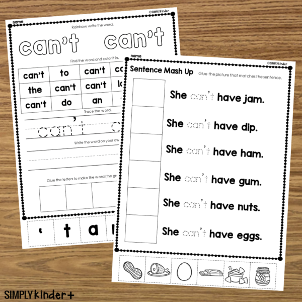 Can't - Sight Word Cut & Glue Activities - Simply Kinder + Printable ...
