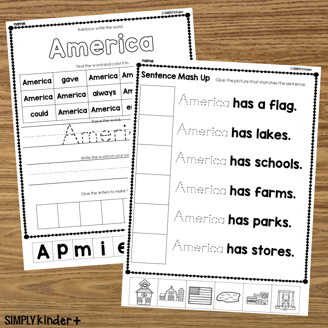 America - Sight Word Cut & Glue Activities - Simply Kinder + Printable ...