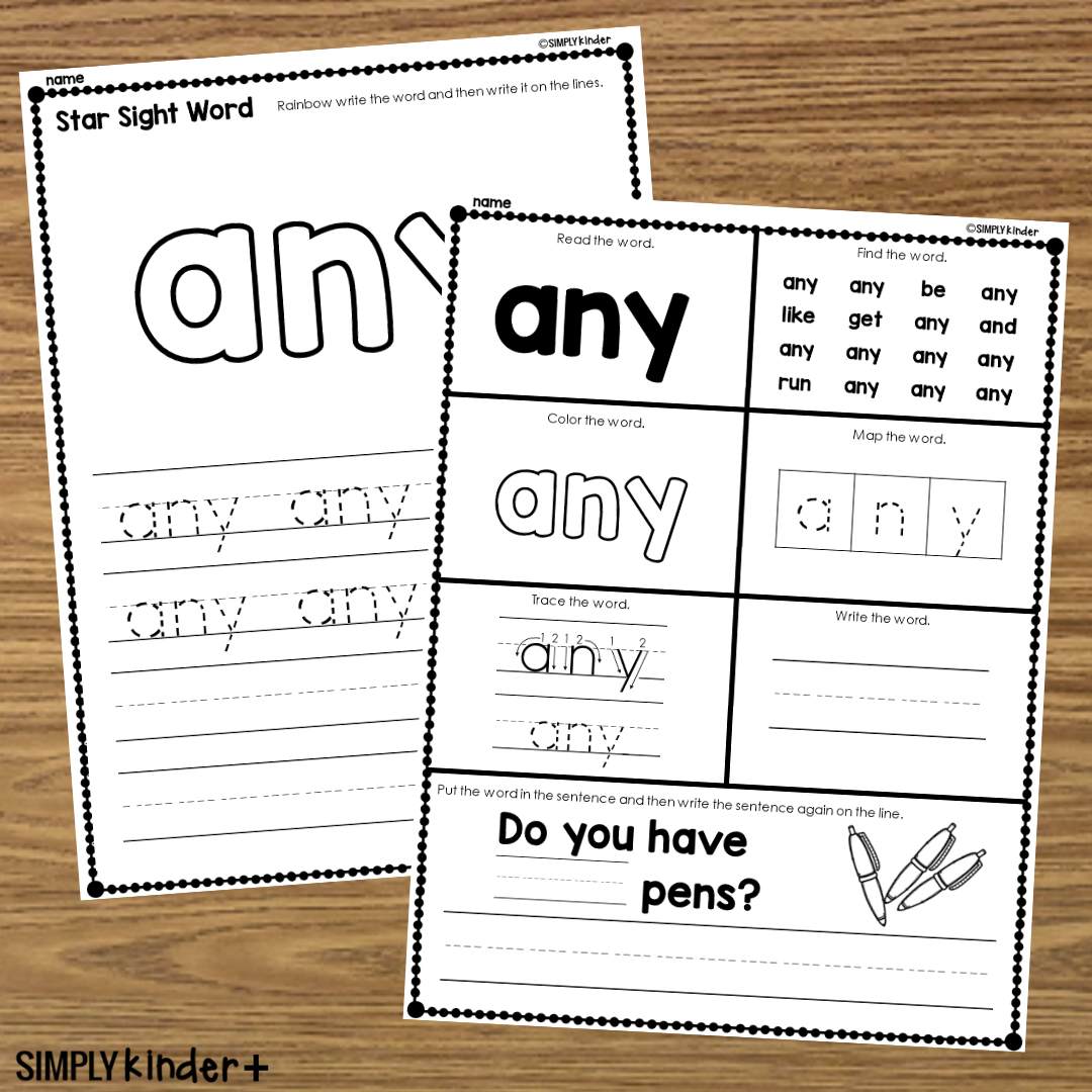 Any - Sight Word Printable Activities - Simply Kinder Plus