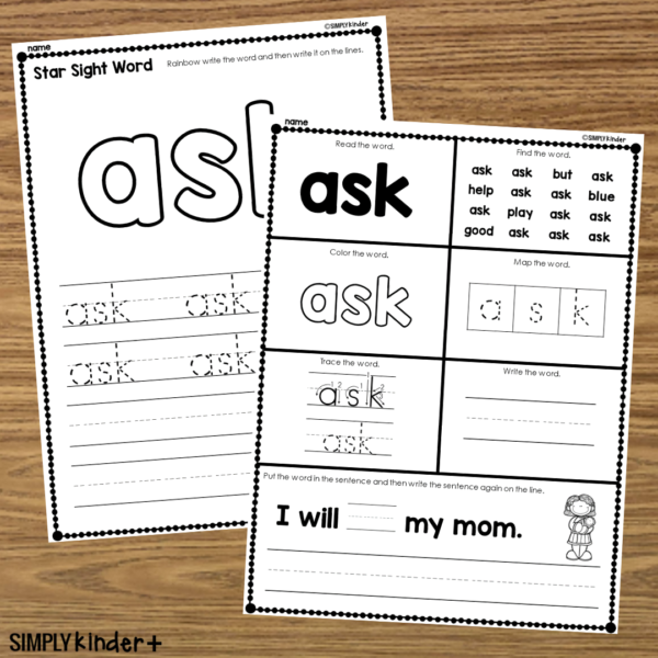 Ask - Sight Word Printable Activities - Simply Kinder + Printable ...