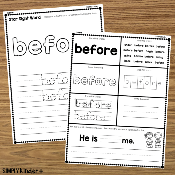 Before - Sight Word Printable Activities - Simply Kinder + Printable ...