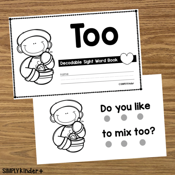 Too - Sight Word Book Activities - Simply Kinder + Printable Membership