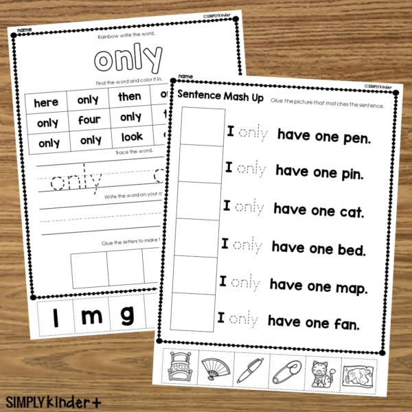 Only - Sight Word Cut & Glue Activities - Simply Kinder + Printable ...