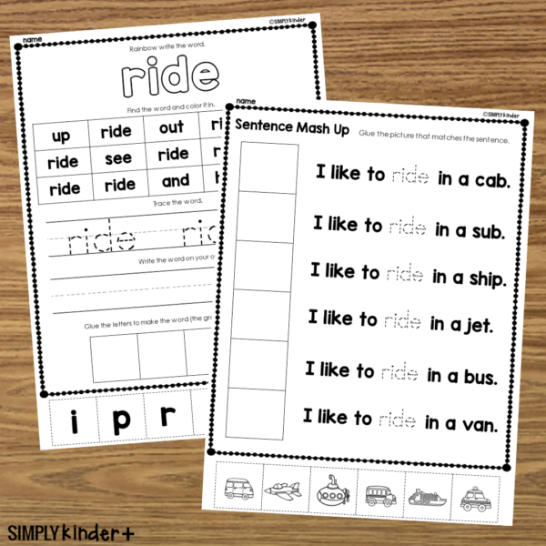 Ride - Sight Word Cut & Glue Activities - Simply Kinder + Printable ...