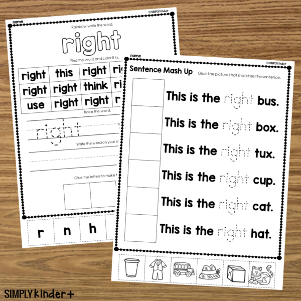 Right - Sight Word Cut & Glue Activities - Simply Kinder + Printable ...