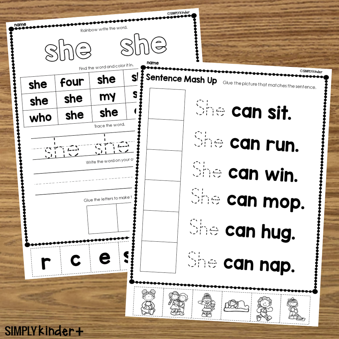She - Sight Word Cut & Glue Activities - Simply Kinder + Printable ...