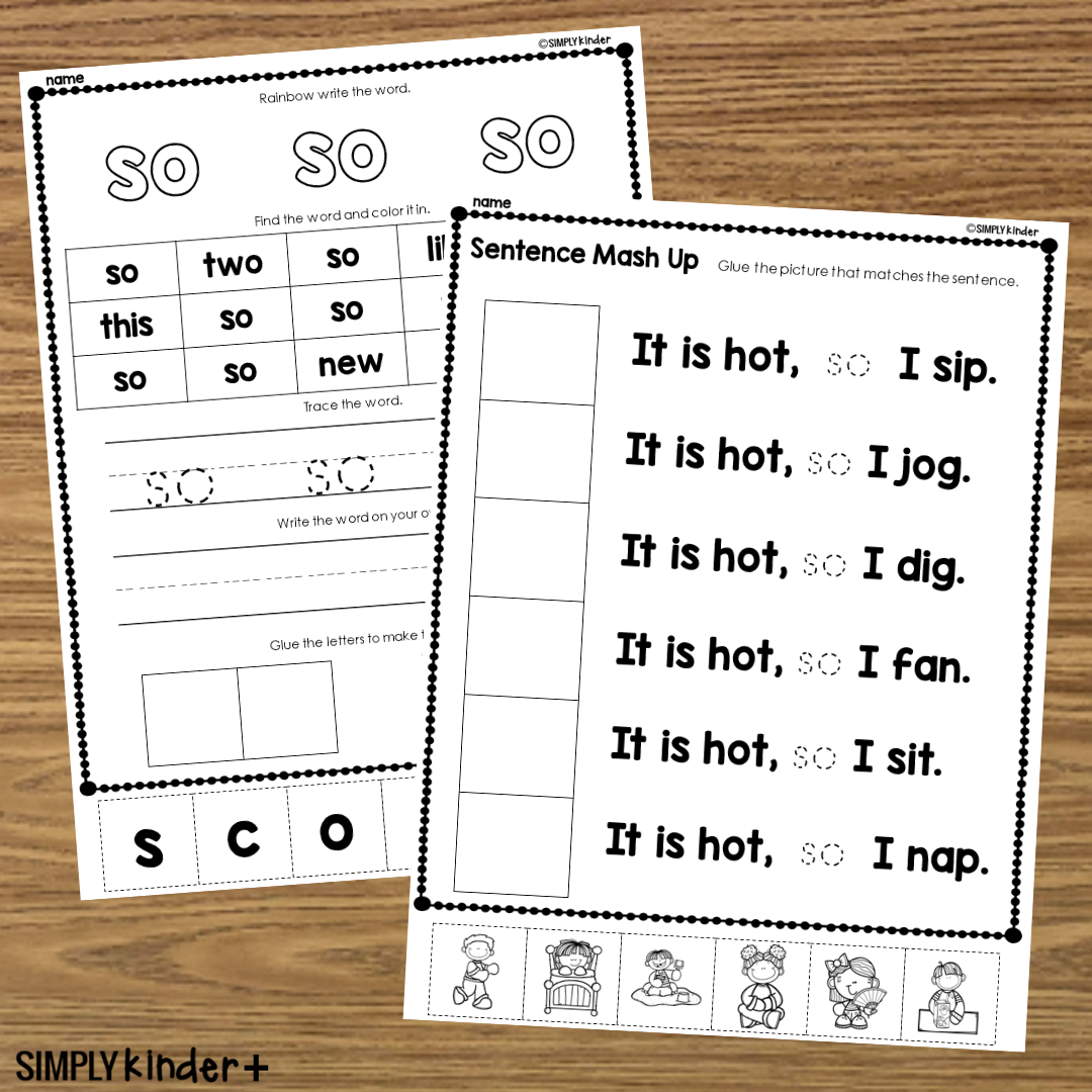 So - Sight Word Cut & Glue Activities - Simply Kinder + Printable ...