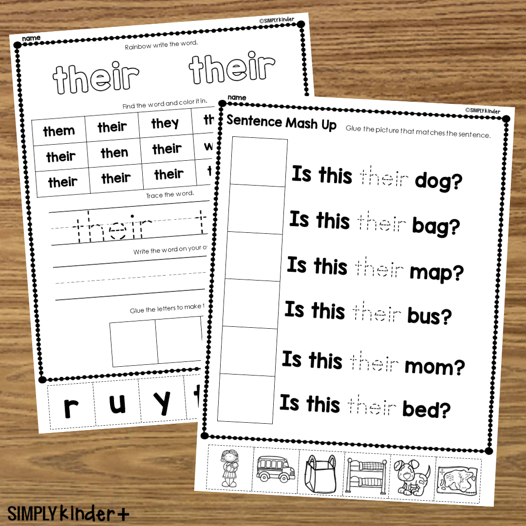 Their - Sight Word Cut & Glue Activities - Simply Kinder + Printable ...
