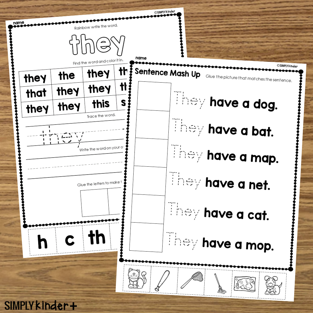 They - Sight Word Cut & Glue Activities - Simply Kinder + Printable ...