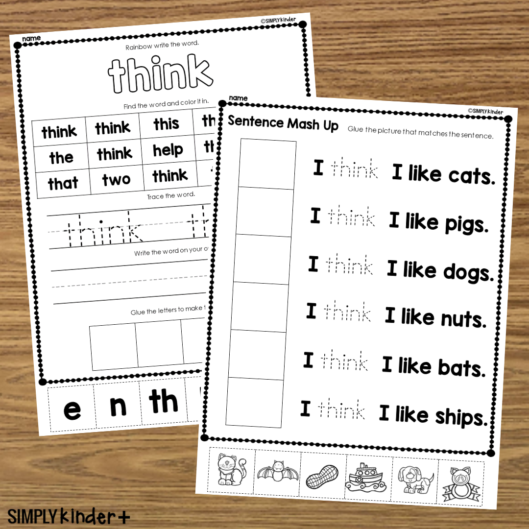 Think - Sight Word Cut & Glue Activities - Simply Kinder + Printable ...