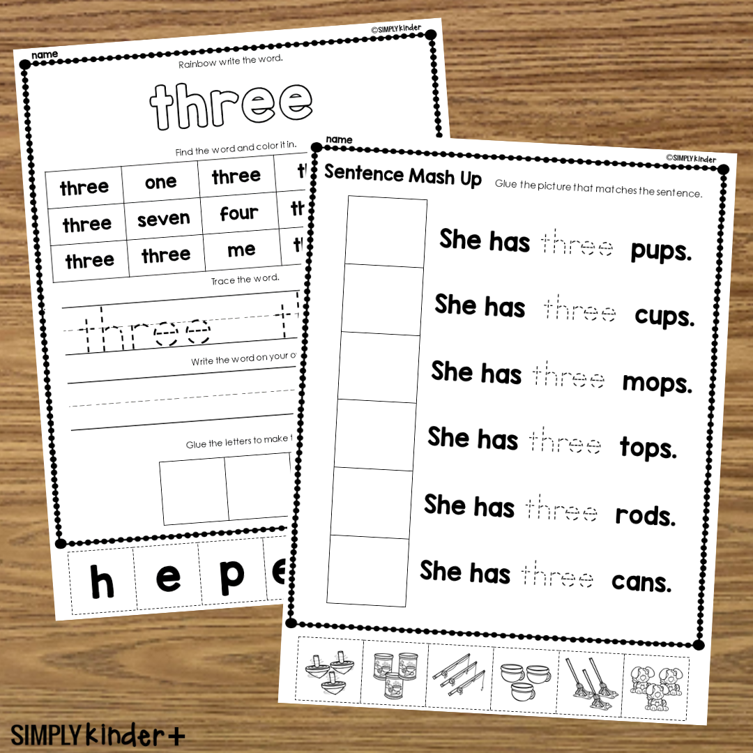 Three - Sight Word Cut & Glue Activities - Simply Kinder + Printable ...