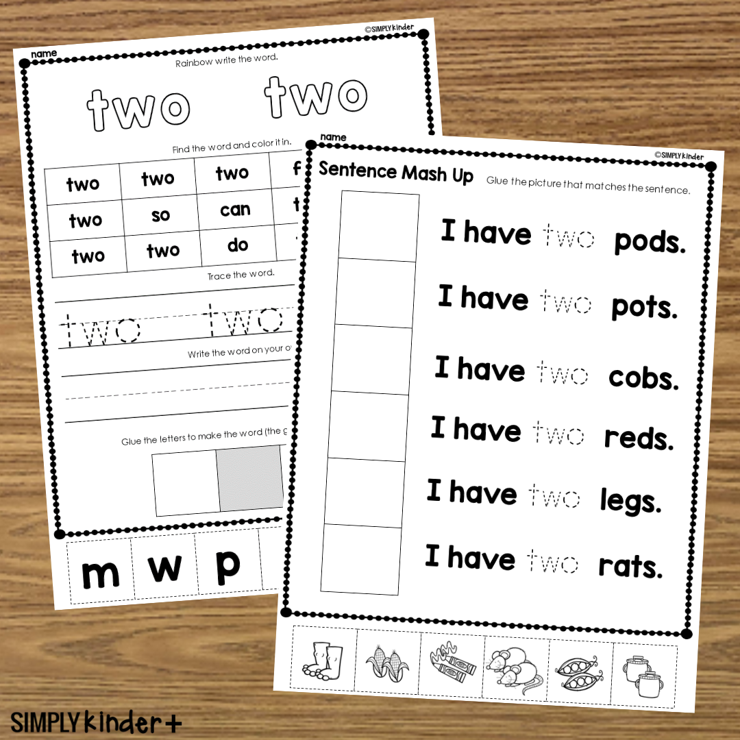 Two - Sight Word Cut & Glue Activities - Simply Kinder + Printable ...