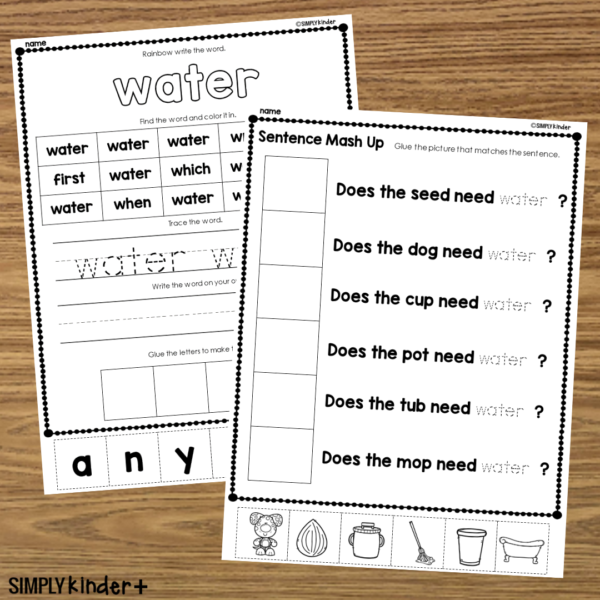 Water - Sight Word Cut & Glue Activities - Simply Kinder + Printable ...