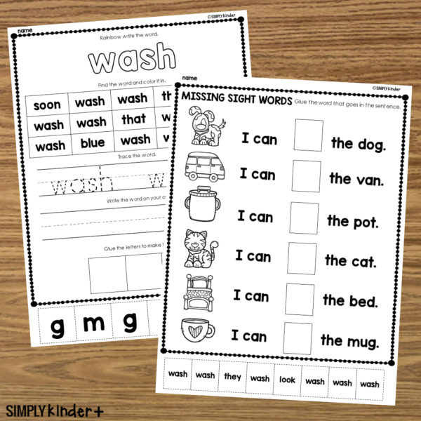 Wash - Sight Word Cut & Glue Activities - Simply Kinder + Printable ...
