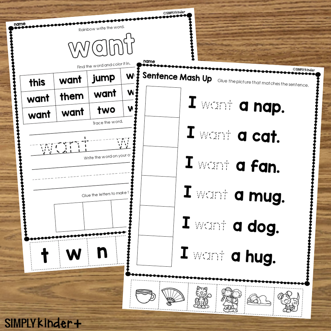 Want - Sight Word Cut & Glue Activities - Simply Kinder Plus