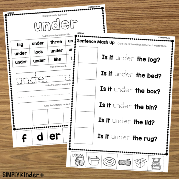Under - Sight Word Cut & Glue Activities - Simply Kinder Plus