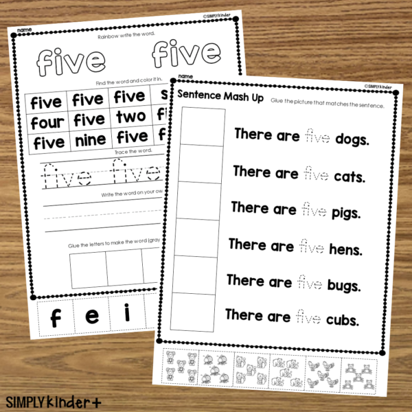 Five - Sight Word Cut & Glue Activities - Simply Kinder + Printable ...