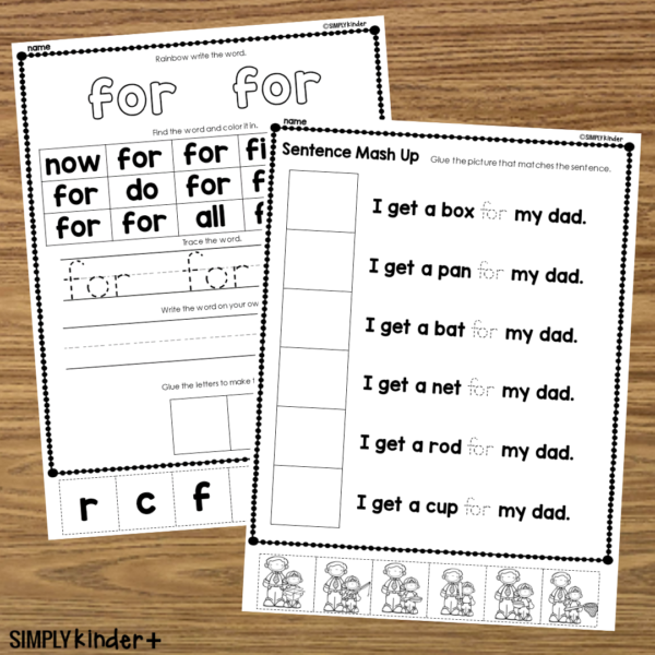 For - Sight Word Cut & Glue Activities - Simply Kinder + Printable ...