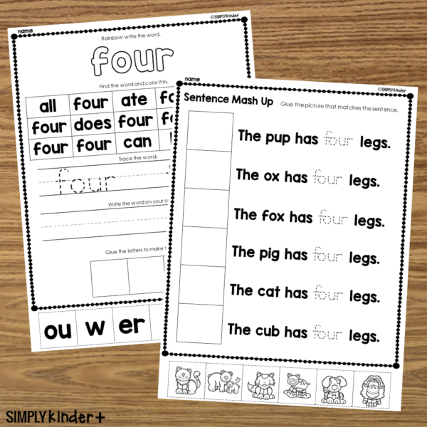 Four - Sight Word Cut & Glue Activities - Simply Kinder + Printable ...