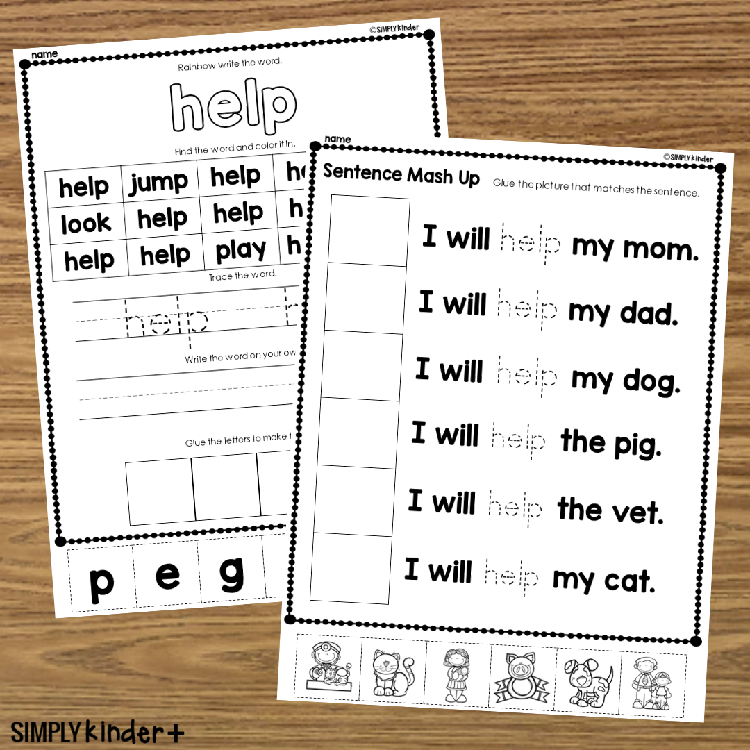 Help - Sight Word Cut & Glue Activities - Simply Kinder Plus