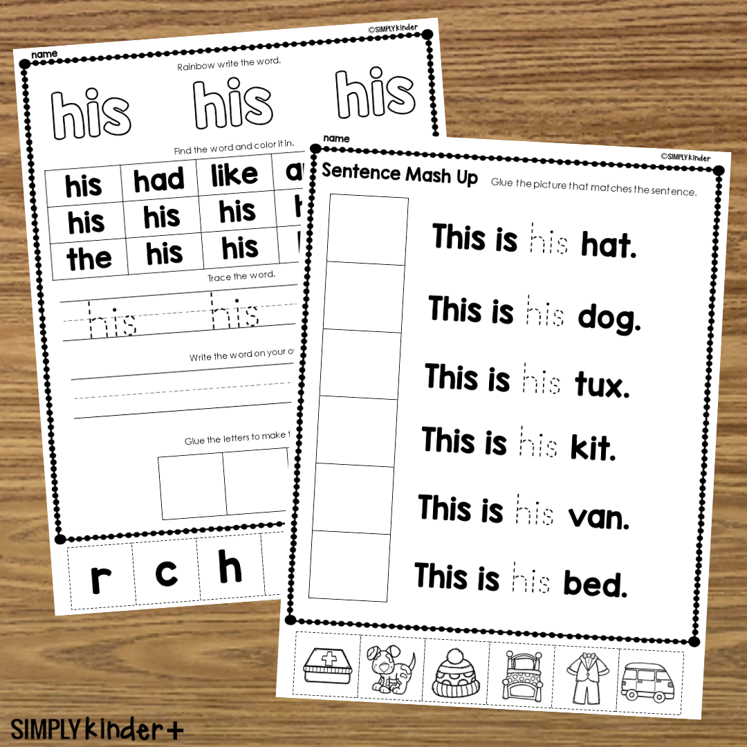 His - Sight Word Cut & Glue Activities - Simply Kinder Plus