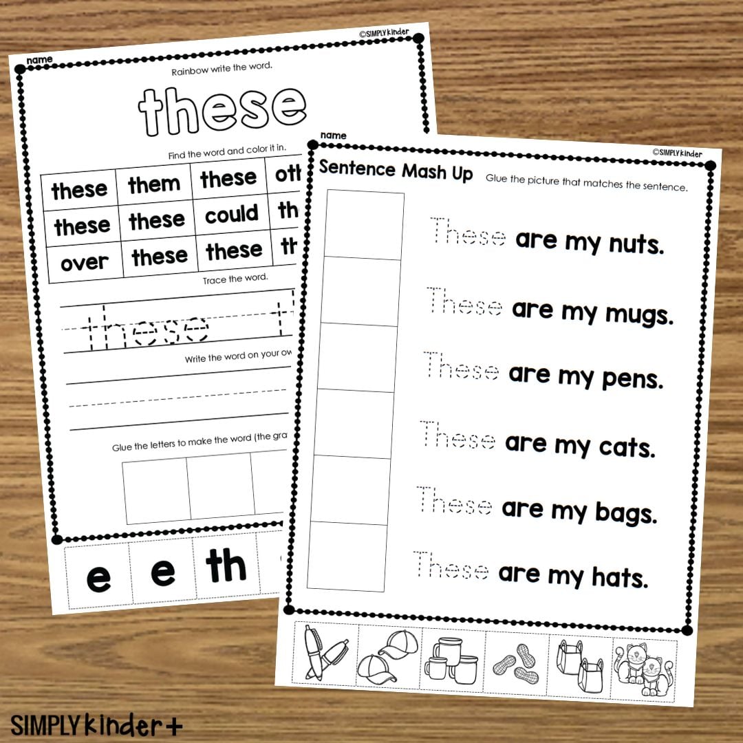 These - Sight Word Cut & Glue Activities - Simply Kinder + Printable ...