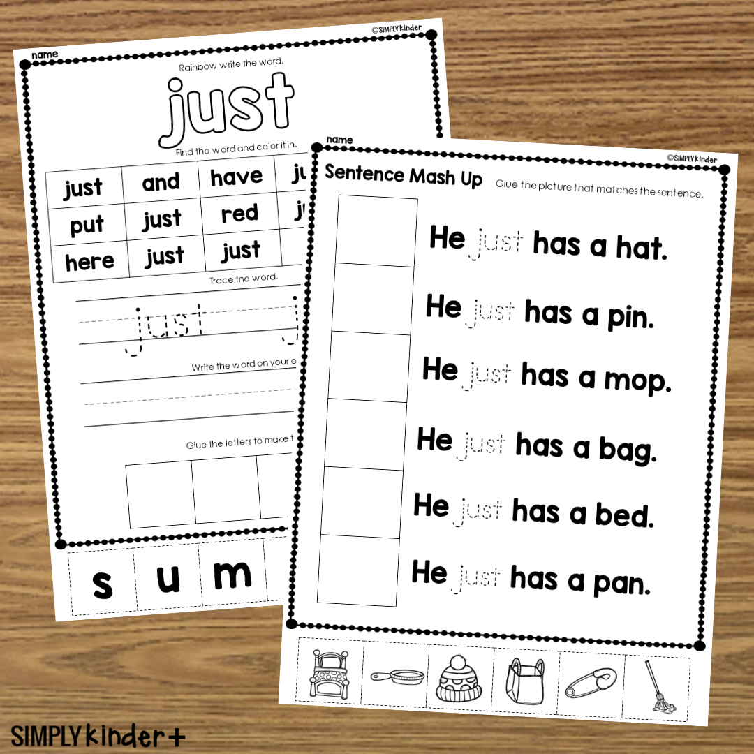 Just - Sight Word Cut & Glue Activities - Simply Kinder + Printable ...