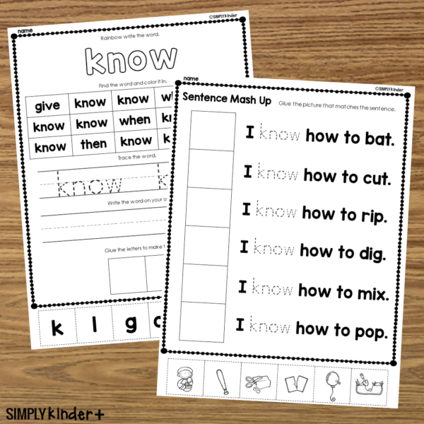 Know - Sight Word Cut & Glue Activities - Simply Kinder + Printable ...