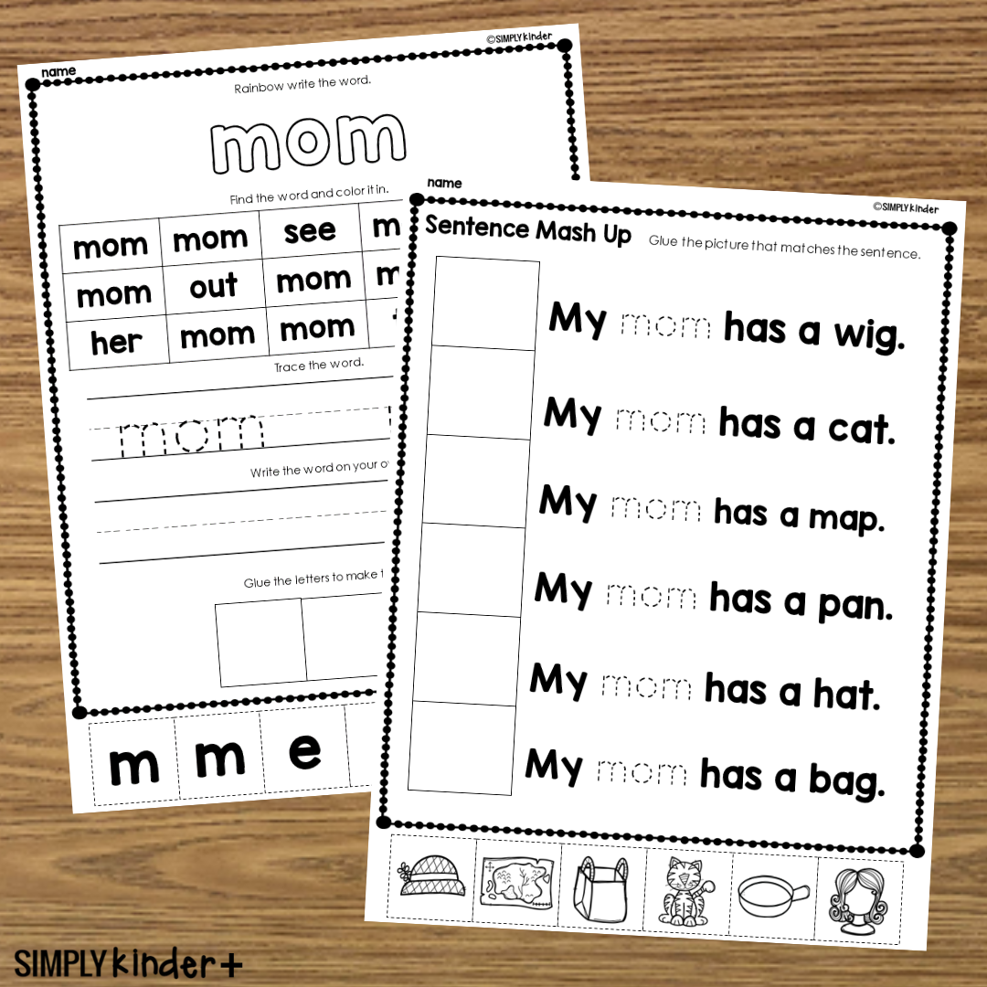 Mom - Sight Word Cut & Glue Activities - Simply Kinder + Printable ...