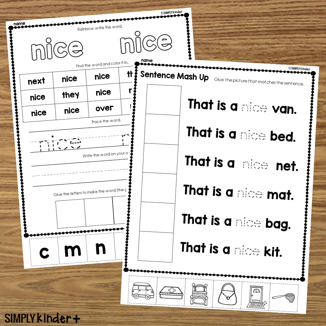 Nice - Sight Word Cut & Glue Activities - Simply Kinder Plus